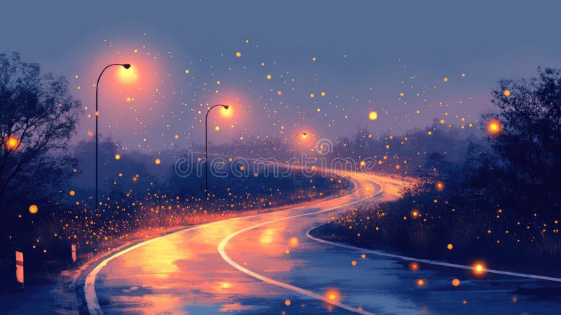 Serene Night Road with Glowing Light Orbs and Lamp Posts Amidst Lush ...