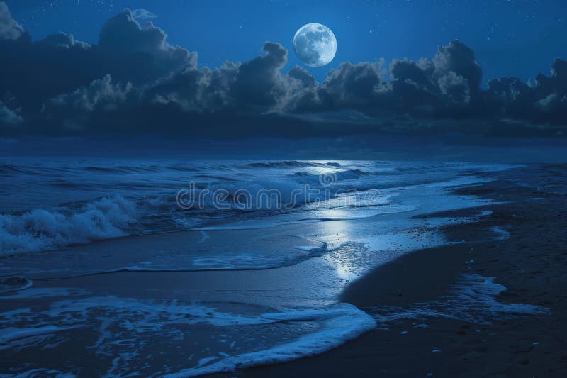 Serene Night Scene on a Beach with a Full Moon Reflection on the Waves ...