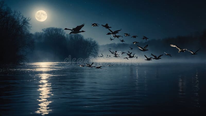 Majestic Geese Flying Over Moonlit River at Night Stock Illustration ...
