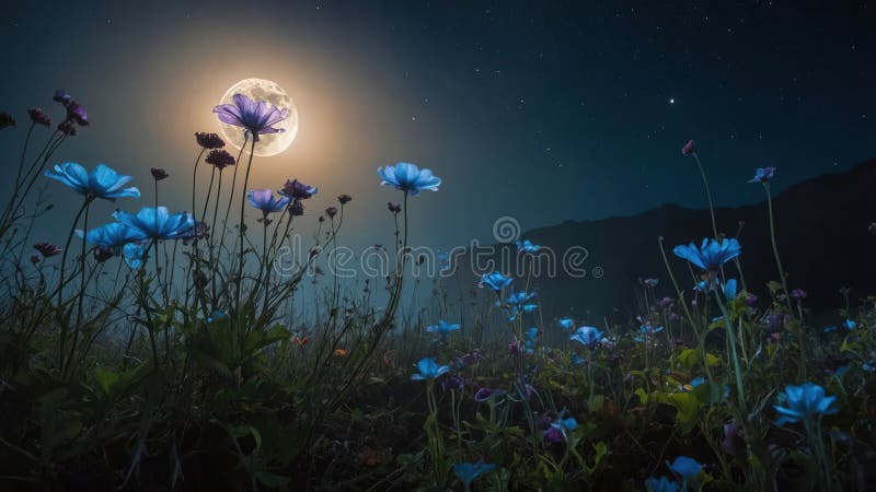 Enchanted Moonlight Meadow: Blue Flowers Under a Full Moon Stock ...