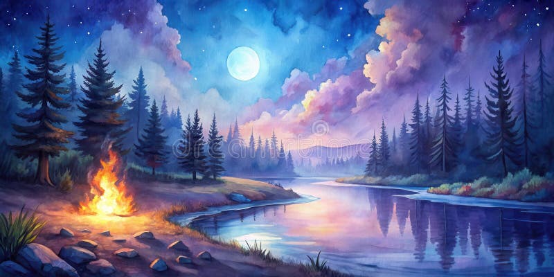 Serene Night Scene Campfire by a Tranquil River Under a Full Moon and ...