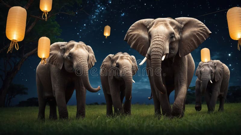 Majestic Elephants at Night with Lanterns Stock Illustration ...