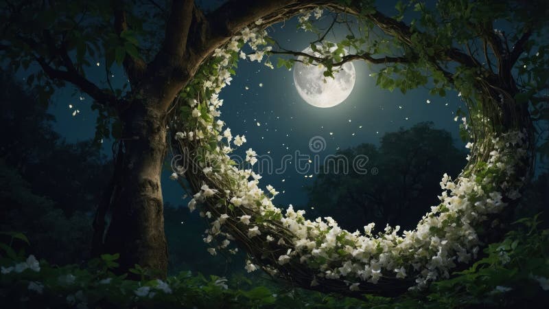 Enchanted Moonlight Garden: White Blossoms Wreath Around Tree Trunk ...
