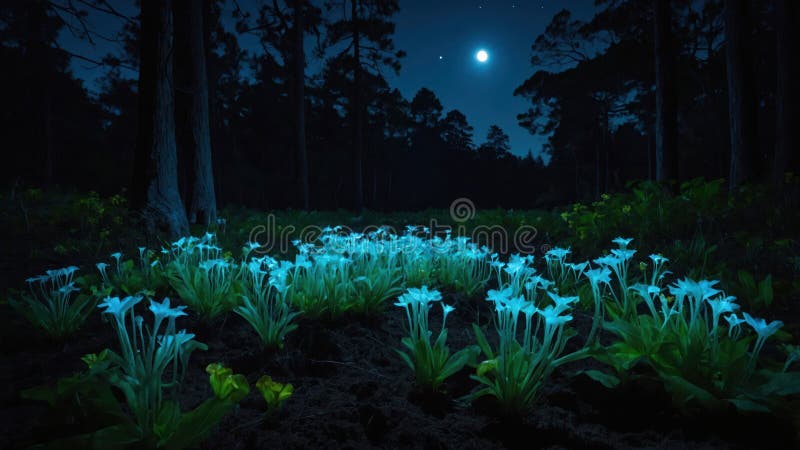 Enchanted Moonlight Garden: Glowing Flowers Under Night Sky Stock ...