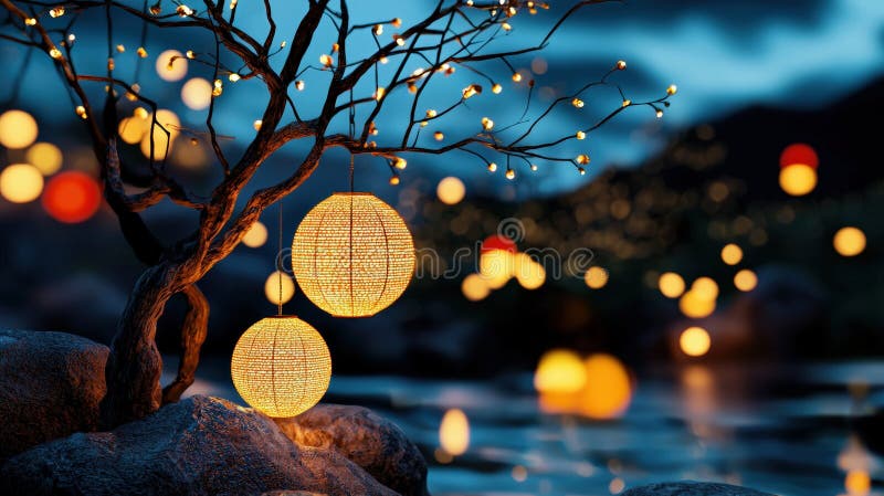 A Serene Night Scene Featuring Glowing Lanterns Hanging from a Tree ...