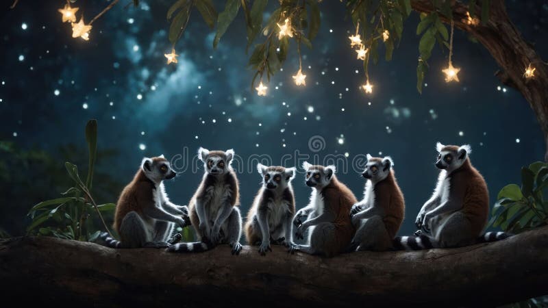 Five Ring-tailed Lemurs Sitting on a Branch at Night Under Fairy Lights ...