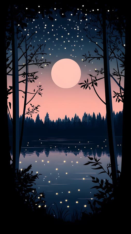 Tranquil Nighttime Lake Scene with Full Moon and Fireflies Stock ...
