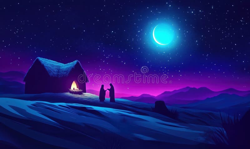 Serene Night Scene with Figures Near a Stable Under a Starry Sky and ...