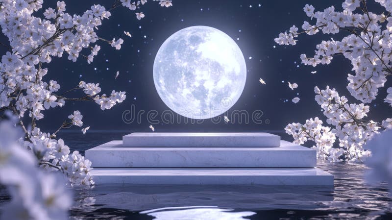 Serene Night Scene with Full Moon and Cherry Blossoms Stock ...