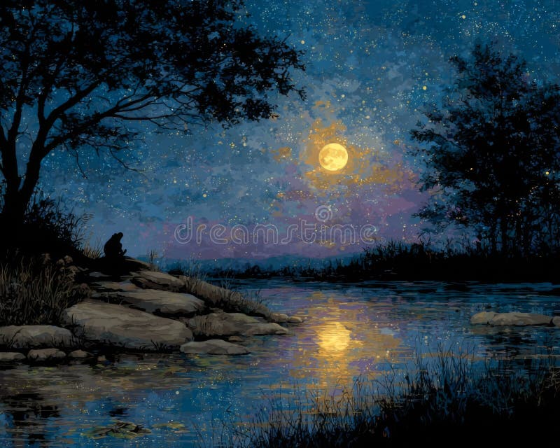 Serene Night Scene with Full Moon Over Lake Stock Illustration ...