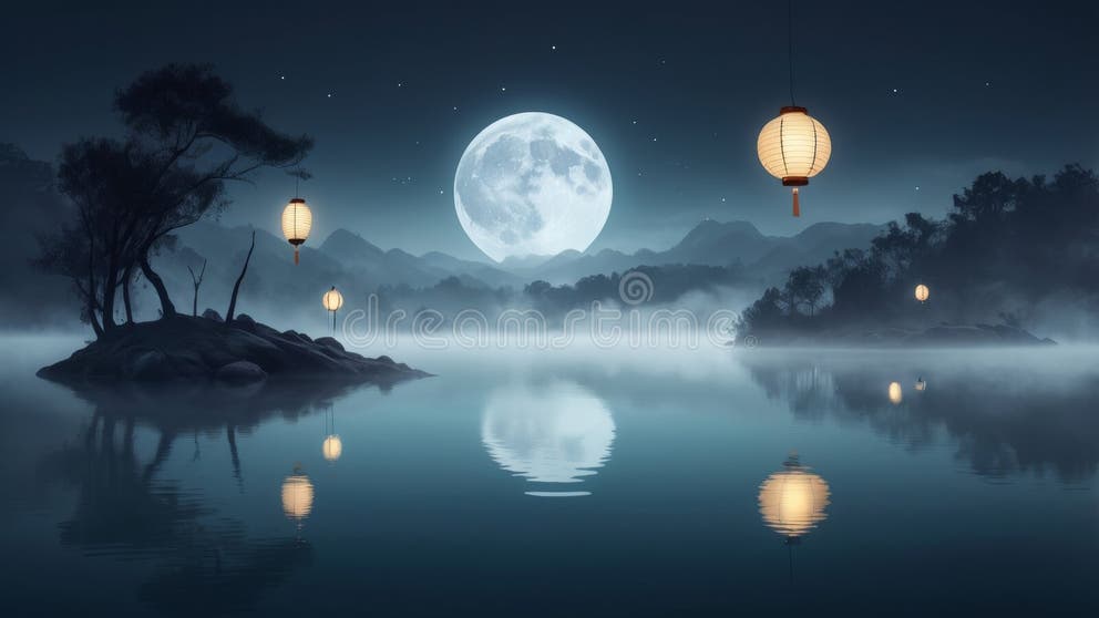 Serene Night Scene with a Full Moon Reflecting on the Water Stock Illustration - Illustration of ...