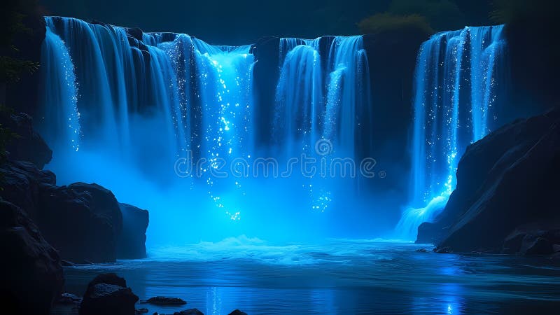Serene Night Scene of a Glowing Blue Waterfall Stock Image - Image of ...