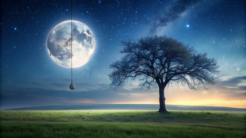 Serene Night Scene Lone Tree, Full Moon, and Pendulum Under Starry Sky ...