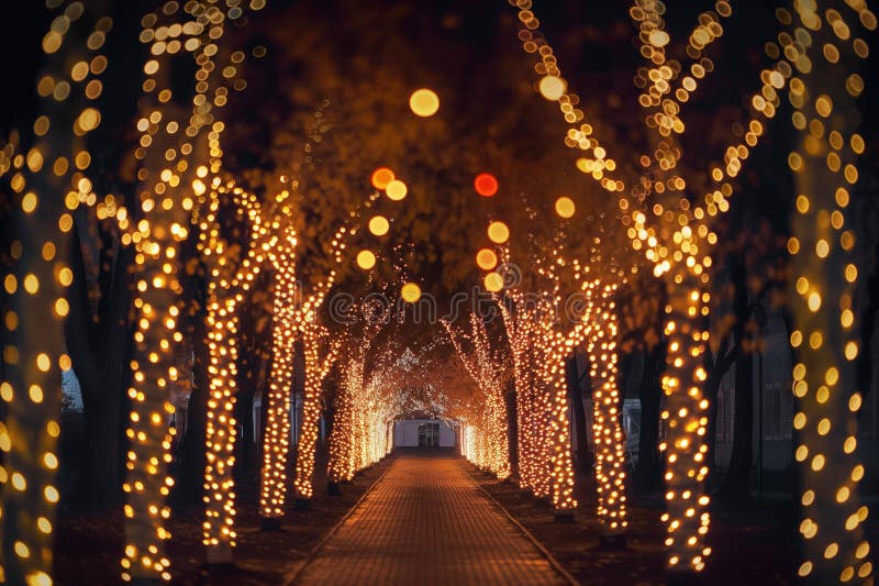 Serene Night Scene with Long Path Illuminated by White Lights. Flanked ...