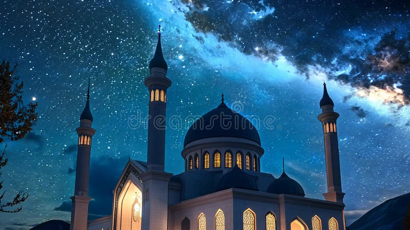 A Serene Night Scene of a Mosque Seen from the Front Under a Starry Sky ...