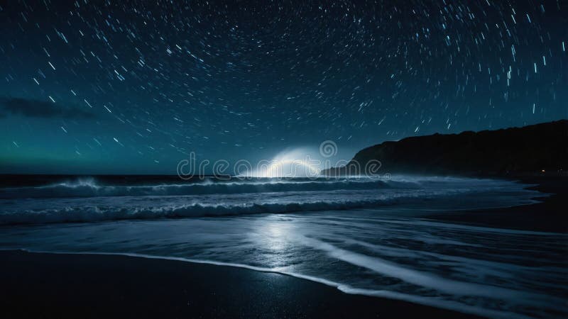 Magical Night Seascape with Star Trails and Moonlit Waves Stock ...