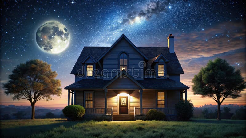 Serene Night Scene Two-story House Under a Full Moon and Starry Sky ...