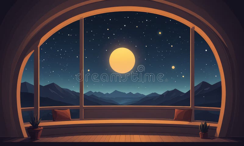 Serene Night Scene Unfolds through Curved Window, Featuring Bright Moon ...