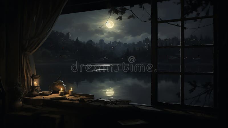 A Serene Night Scene through a Window, Featuring a Moonlit River ...