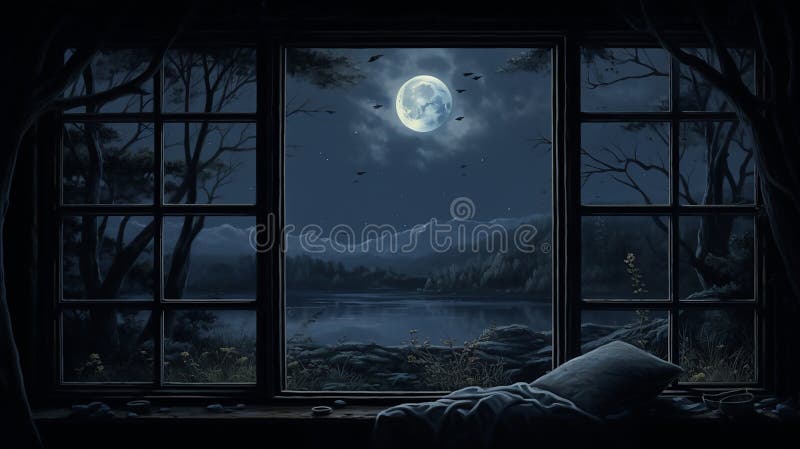 A Serene Night Scene through a Window, Featuring a Moonlit River ...