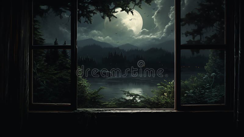 A Serene Night Scene through a Window, Featuring a Moonlit River ...
