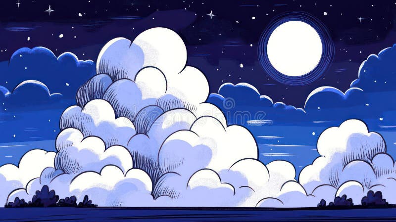 A Serene Night Sky with a Bright Moon and Fluffy Clouds Under a Starry ...