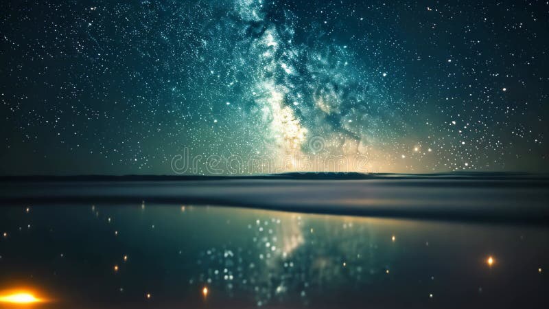 A Serene Night Sky with the Milky Way Galaxy Reflected in a Calm Ocean ...
