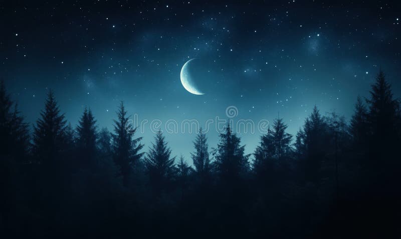 Serene Night Sky Over Dark Forest with Crescent Moon and Stars Stock ...