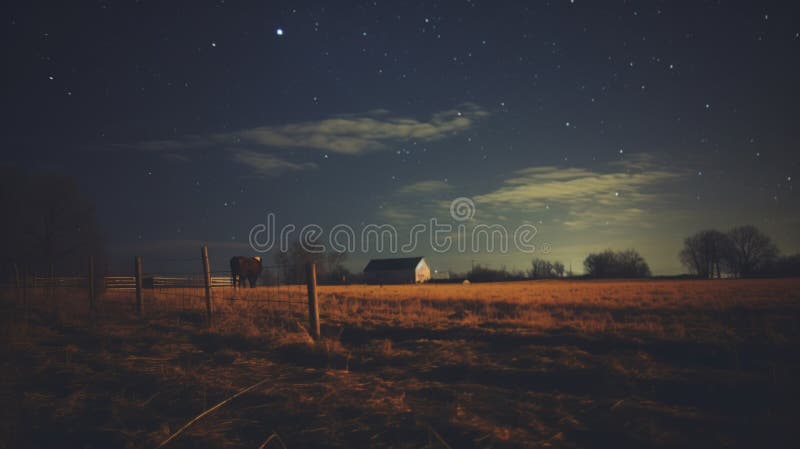 Serene Night Sky Over Rustic Barn in Countryside Stock Illustration ...