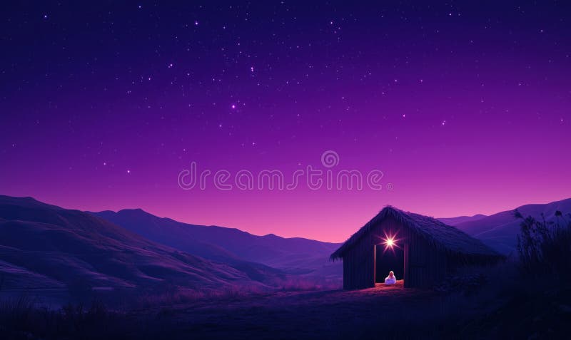 Serene Night Sky Over Rustic Cabin in Mountains with Glowing Star Stock ...