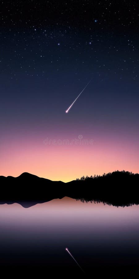Serene Night Sky Shooting Star Over Calm Lake Twilight Stock Photos ...