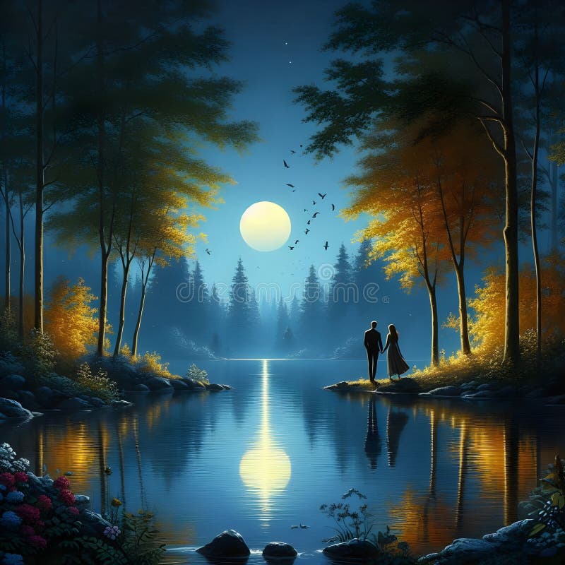 Serene Night Time Someone Standing by the Edge of the Still Lake with ...