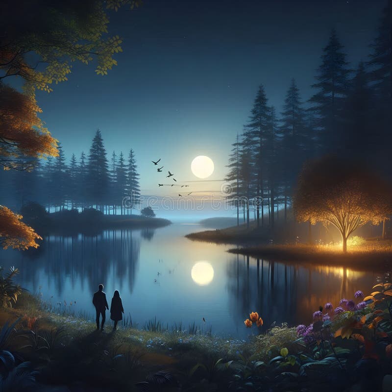 Serene Night Time Someone Standing by the Edge of the Still Lake with ...