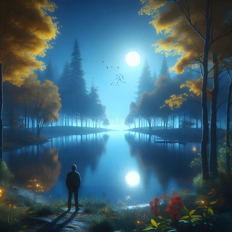 Serene Night Time Someone Standing by the Edge of the Still Lake with ...