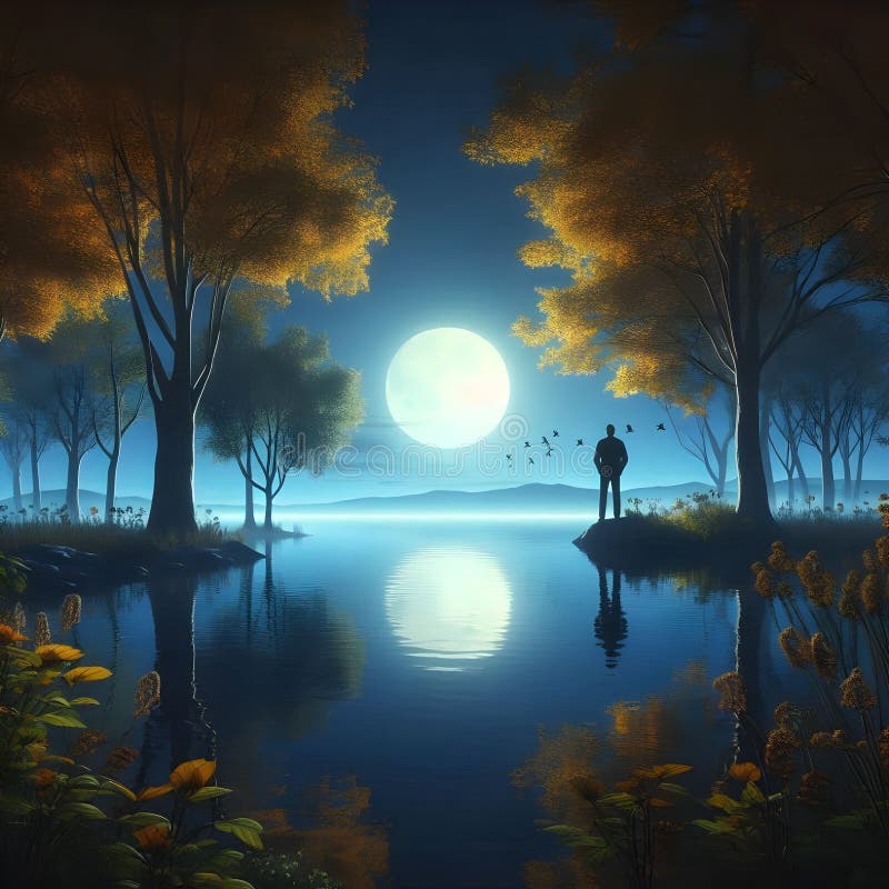 Serene Night Time Someone Standing by the Edge of the Still Lake with ...