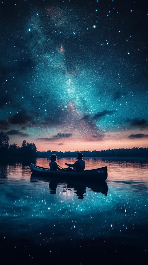 A Serene Night on a Tranquil Lake. Two People in a Canoe are Surrounded ...