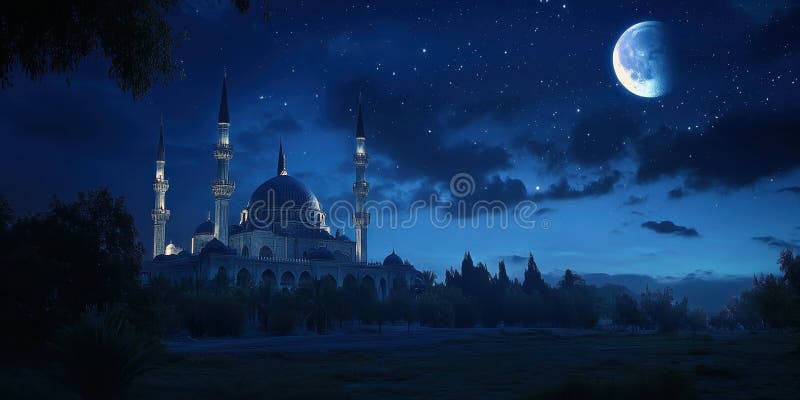 A Serene Night View of a Mosque Under a Starry Sky and Crescent Moon ...
