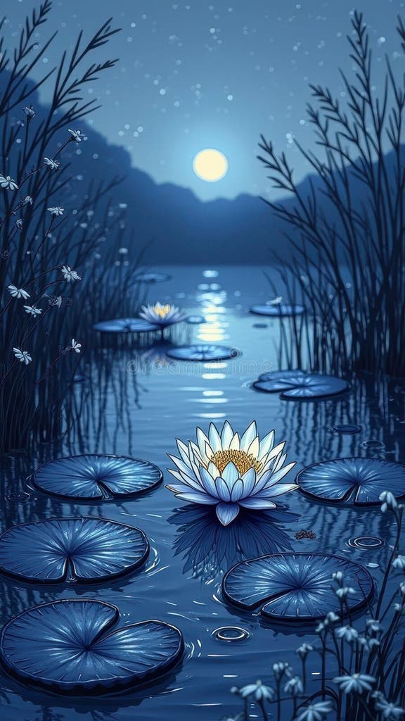 Serene Night Water Lilies with Moonlit Reflections in Tranquil ...