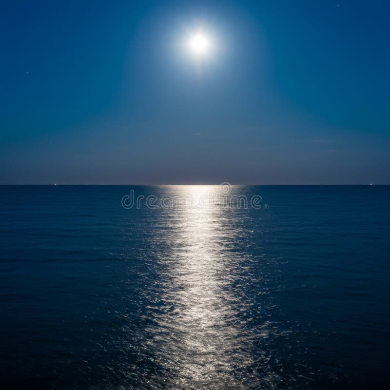 Serene Nightscape: Full Moon Reflecting on Dark Blue Ocean Stock ...