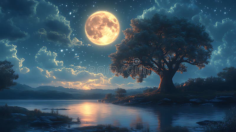 Serene Nightscape with a Large Tree by a Calm Lake Under a Full Moon ...