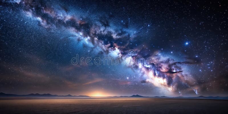Serene Nightscape Milky Way Galaxy Arcing Over a Flat Desert Plain at ...
