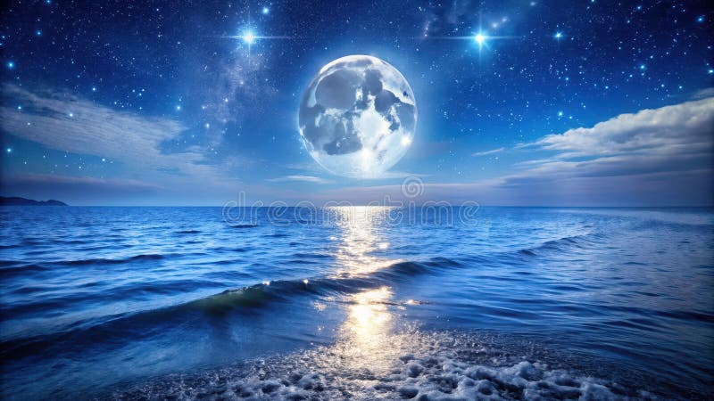 Serene Nightscape Ocean Waves Under a Majestic Full Moon and Starry Sky ...