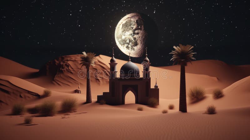 Night in the Sahara: Mosque Under the Crescent Moon. Created by ...