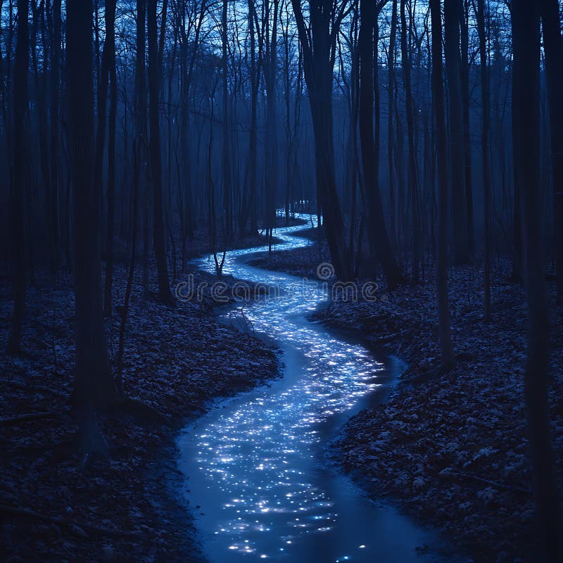 Serene Nighttime Forest Stream with Glowing Water Stock Illustration ...