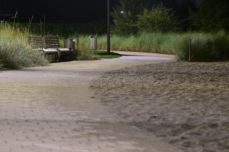 Serene Nighttime Pathway with Benches Stock Image - Image of path, sand ...