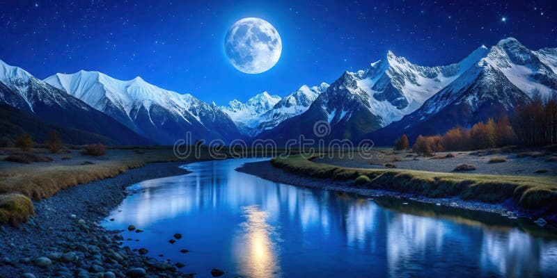 Serene Nighttime River Scene Reflecting Majestic Snow-capped Mountains Under a Full Moon ...