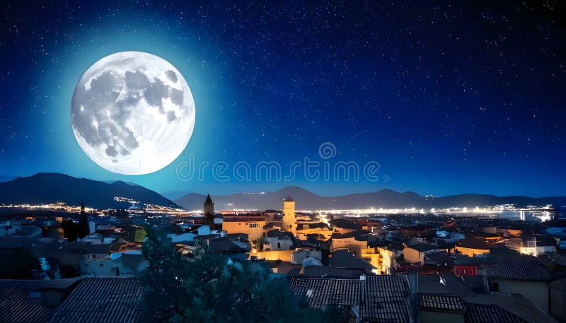 Serene Nighttime Scene with a Full Moon and a Quiet City, Symbolizing ...