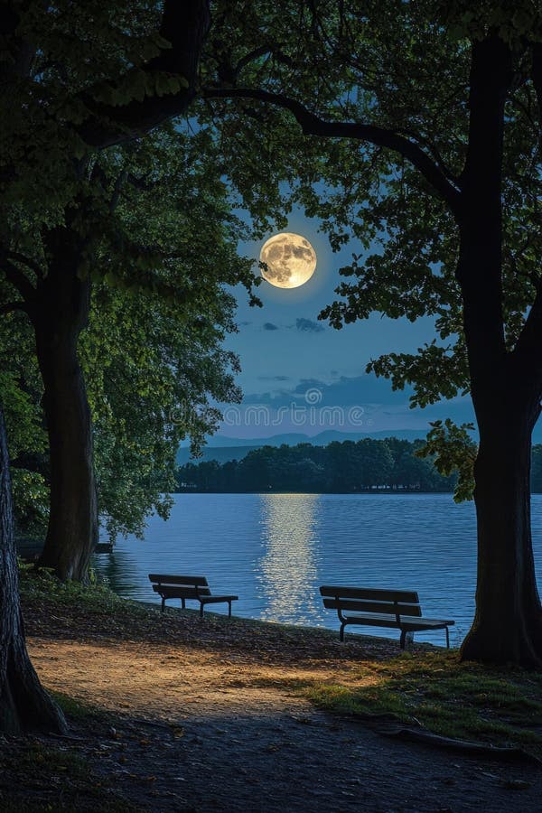 A Serene Nighttime Scene with a Full Moon Shining through the Trees ...