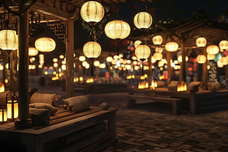 Serene Nighttime Scene with Illuminated Lanterns and Cozy Seating Stock ...