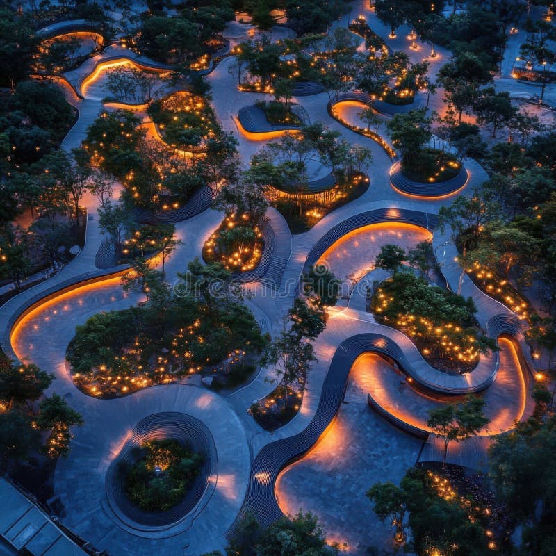 Serene Nighttime Urban Park with Illuminated Pathways Stock Photo ...